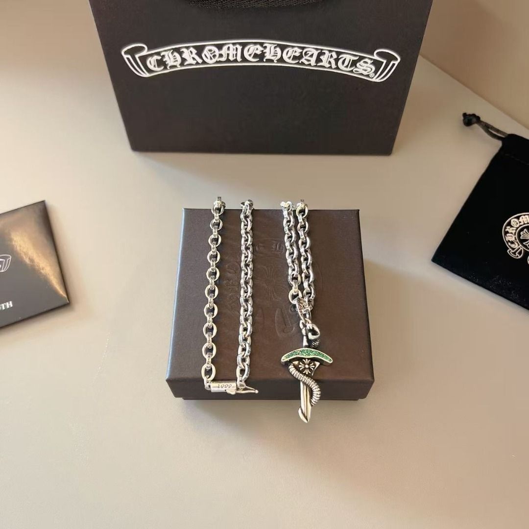 🍔 Chrome Hearts Cross Necklace with Green Snake Wrapping in Silver, Men ...