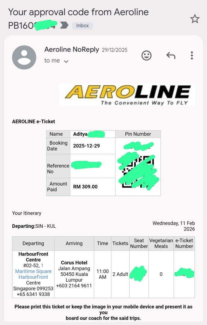 Aeroline Bus Ticket: SIN to KL, 11 Feb 2026 (2 pax), Tickets & Vouchers ...