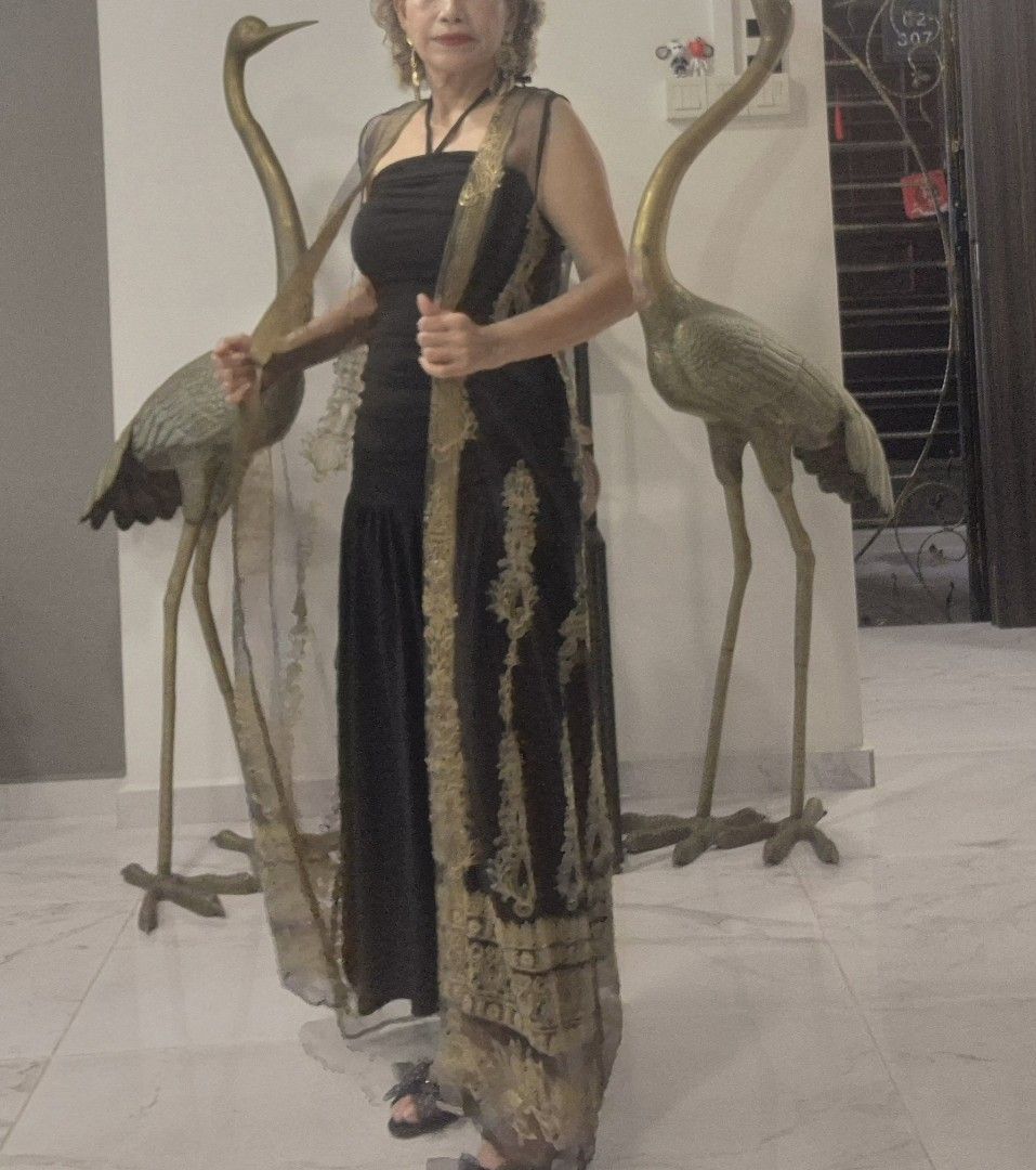 Black Evening Dress with Gold Embroidery, Women's Fashion, Dresses ...