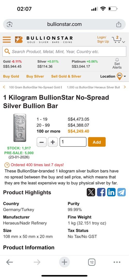 Save $60! 1 Kilo BullionStar Heraeus Silver Bullion Bar, Hobbies & Toys ...