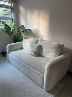 White Boucle Curved Sofa with Ottoman, Furniture & Home Living ...
