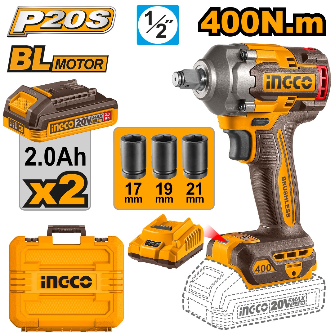 INGCO 20V 400NM LI-ION IMPACT WRENCH | 1/2" | BRUSHLESS MOTOR ...