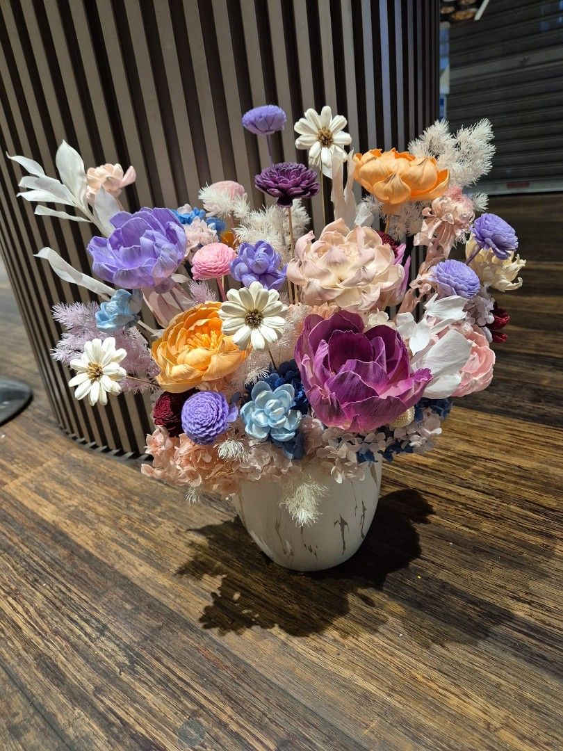 preserved and sola wood flowers arrangement in ceramic vase| tabletop ...