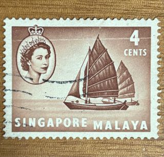 Singapore 1955 Queen Elizabeth 6c boat stamp with clear horizontal ...