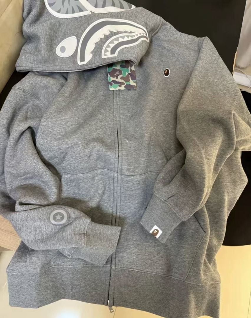 🍔 BAPE Leather Patch Shark Head Zip-Up Hoodie with Classic Ape ...