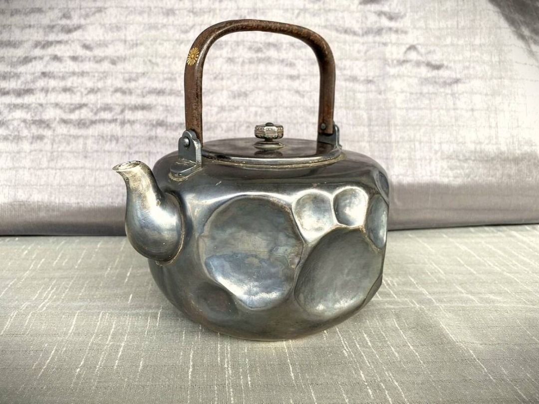 Antique Sencha Tea Utensils, Pure Silver Hishigi Kettle, 449g, Gold and ...