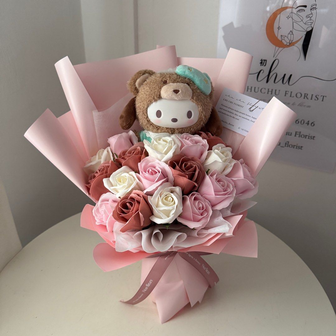 🚚FREE DELIVERY‼️🌹Sanrio Pochacco Flower Bouquet Artificial Soap Rose ...