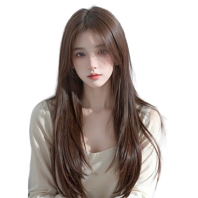 FRONT LACE Cold Brown Layer Cut Long Straight Hair Wig, Women's Fashion ...