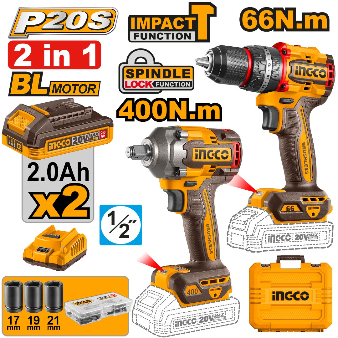 INGCO 20V LI-ION IMPACT DRILL & IMPACT WRENCH COMBO KIT | BRUSHLESS ...
