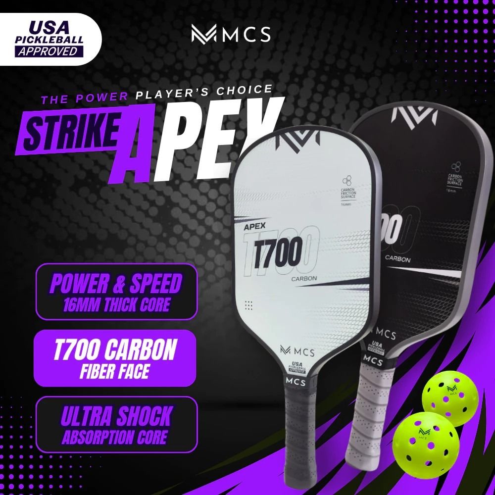 MCS Pickleball Paddle Black White Apex T700 Carbon Fiber Power Drive ...