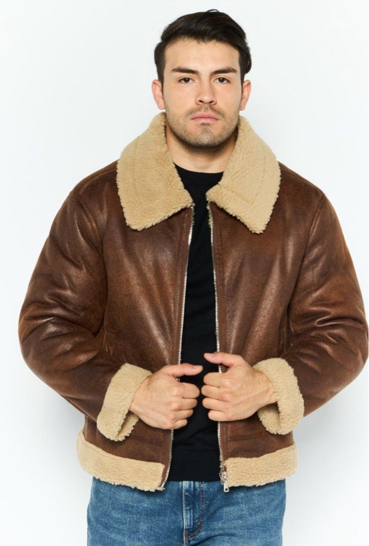 Mens Faux Leather Winter Jacket with Sherpa Collar, Men's Fashion ...