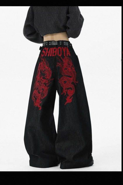 Shibuya Dragon Embroidered Wide Leg Jeans, Women's Fashion, Bottoms ...