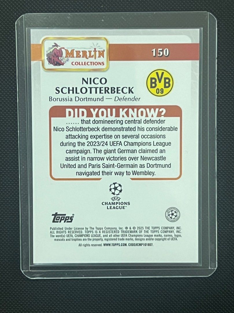 Topps Merlin UCC 24/25- Nico Schlotterbeck 13/15, Hobbies & Toys, Toys ...