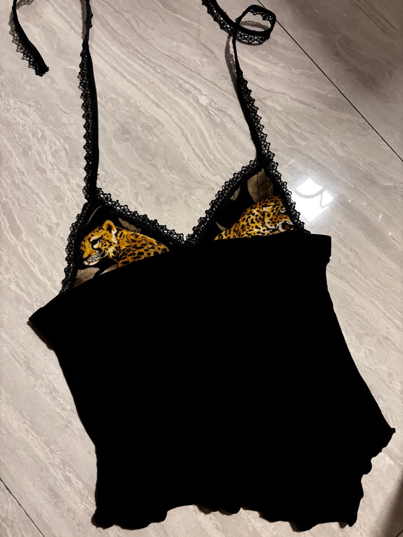 Black Leopard Print Trim Top, Women's Fashion, Tops, Sleeveless on ...
