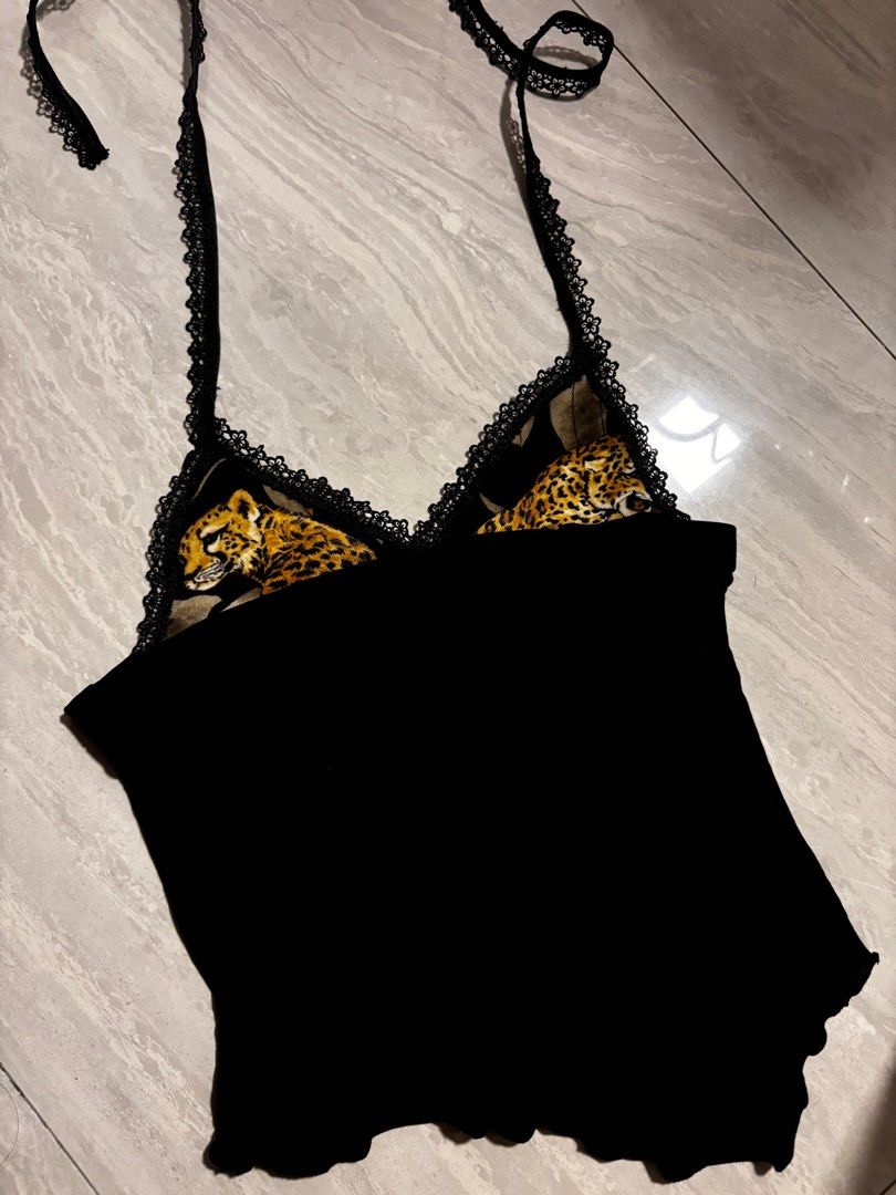 Black Leopard Print Trim Top, Women's Fashion, Tops, Sleeveless on ...