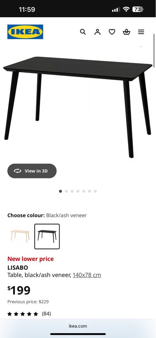 IKEA LISABO Table - Black/Ash Veneer, Furniture & Home Living ...