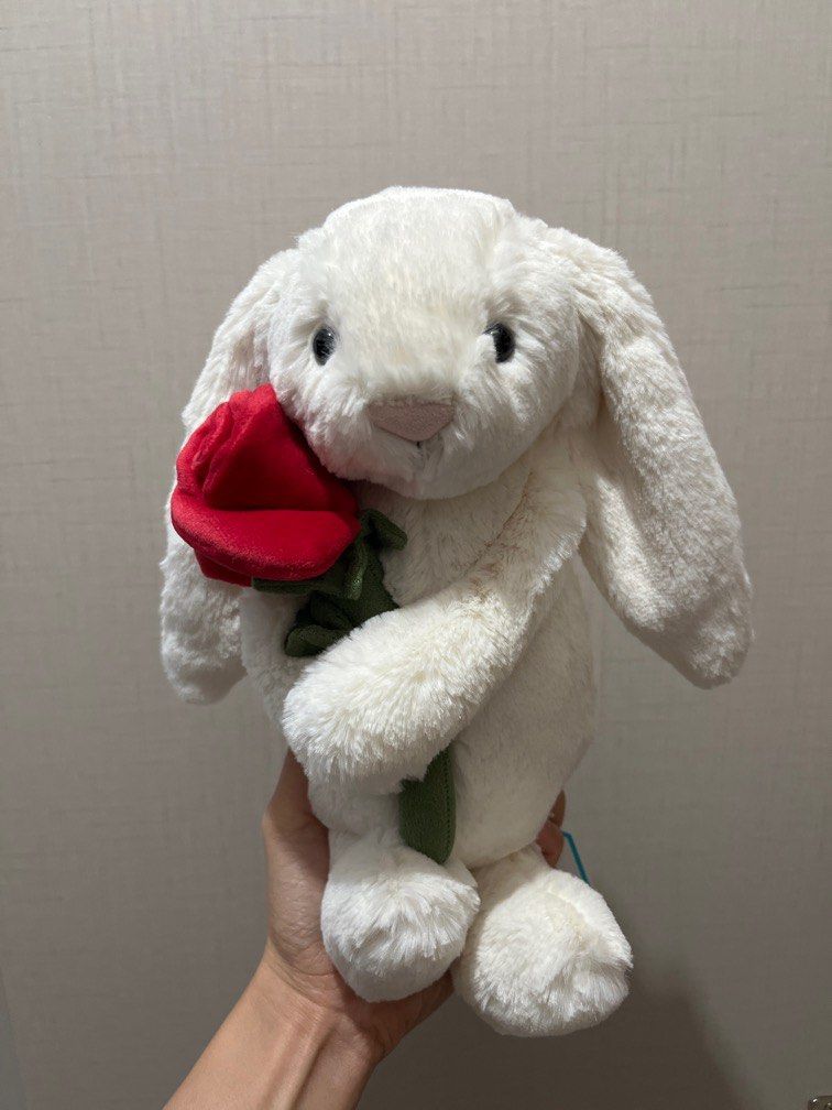 Jellycat Bashful Cream Bunny with Rose, Hobbies & Toys, Toys & Games on ...