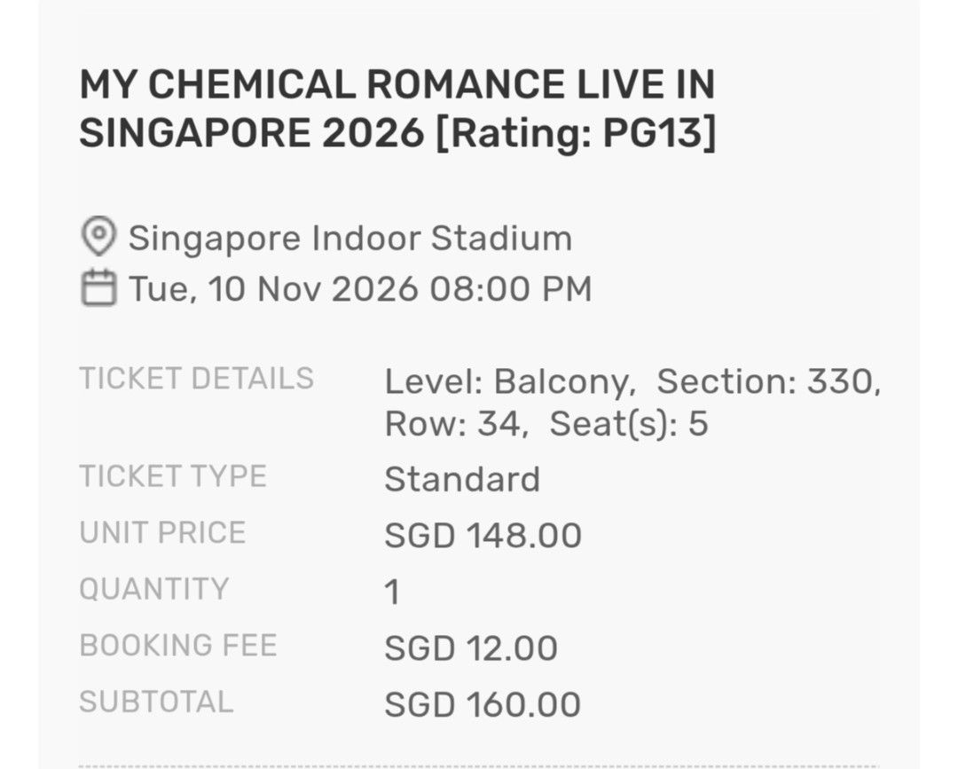 MCR cat 4 Singapore Concert Ticket 10 November 2026, Tickets & Vouchers ...