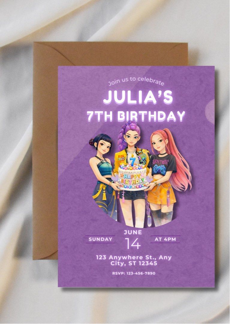 Minimalist Kpop demon hunters bday invitation, Announcements on Carousell