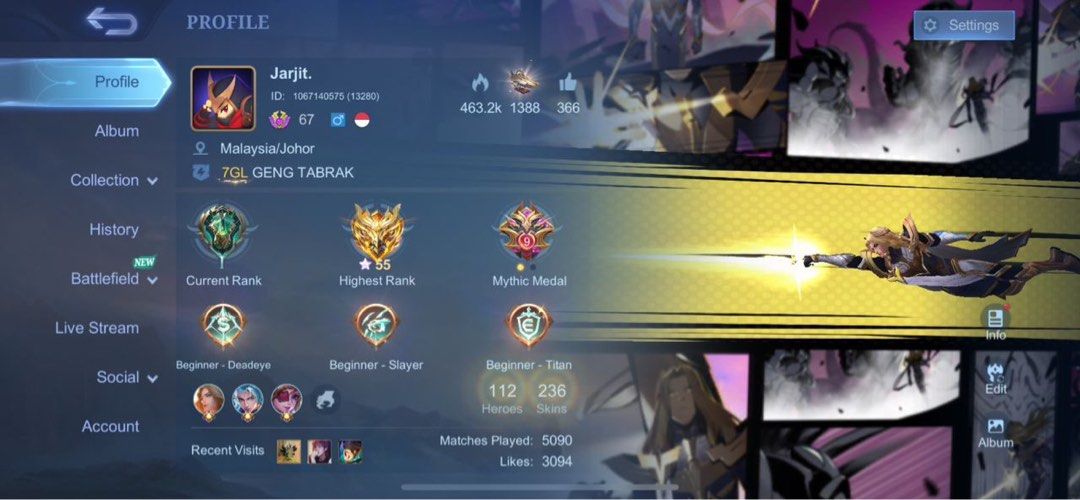 Mobile Legends Account - Mythic Rank, 112 Heroes, 236 Skins, Video ...