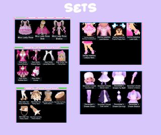 Royale high items: wings, skirt, heels, sleeves, bodices, accessories ...