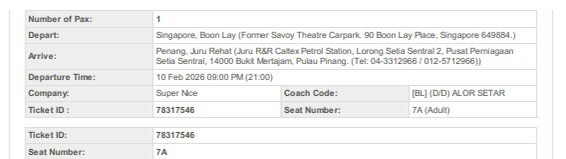Super Nice Coach Ticket SG (Boon Lay) → Penang (Juru R&R) | 10 Feb 2026 ...