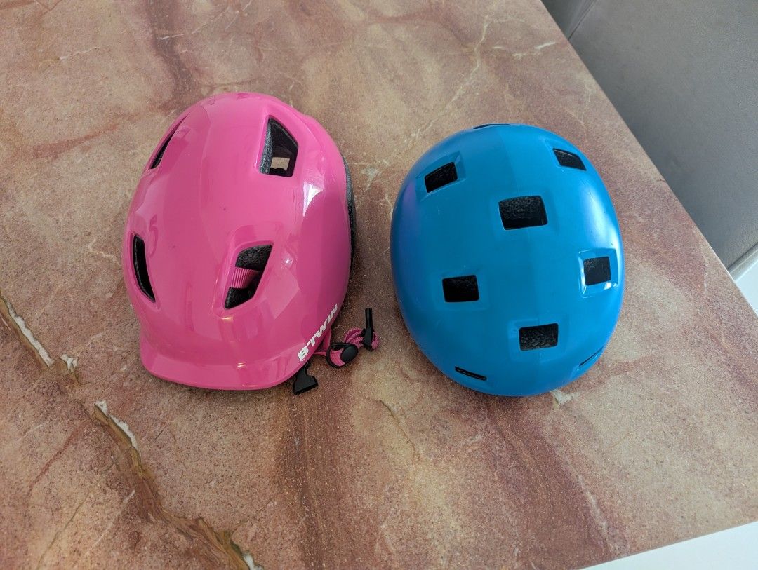 Two BTWIN Kids' Bike Helmets - Pink & Blue, Sports Equipment, Bicycles ...