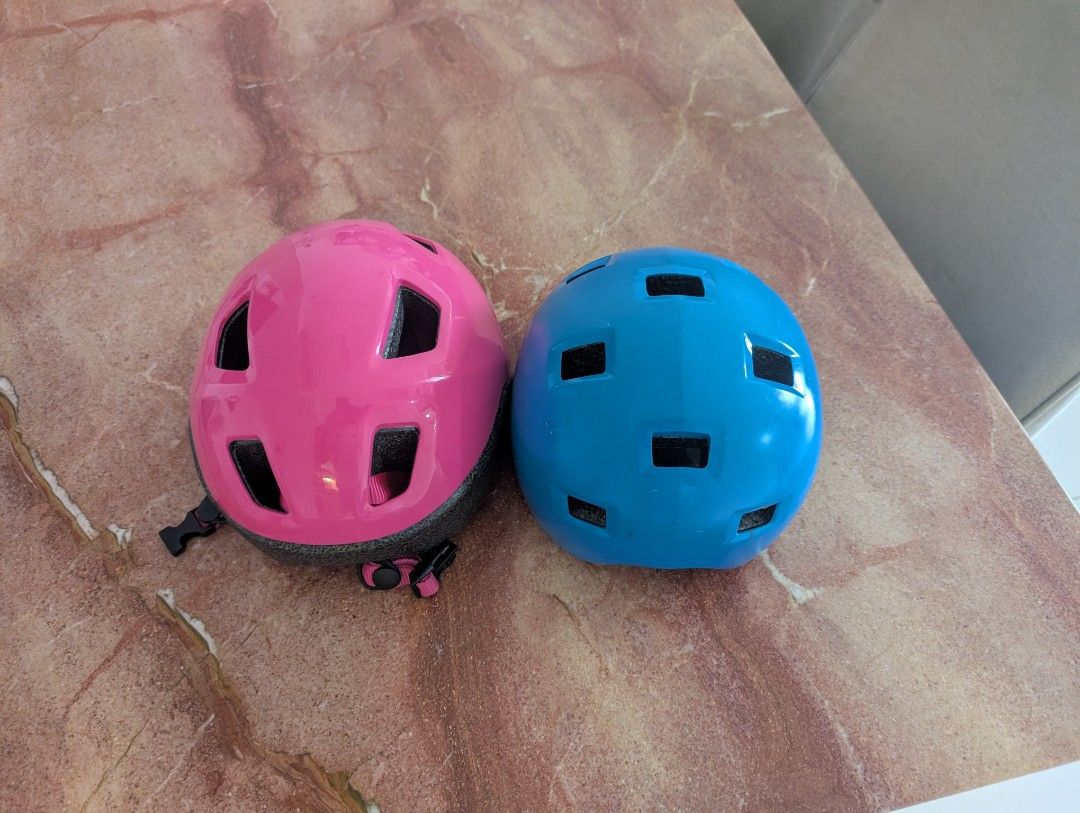 Two BTWIN Kids' Bike Helmets - Pink & Blue, Sports Equipment, Bicycles ...