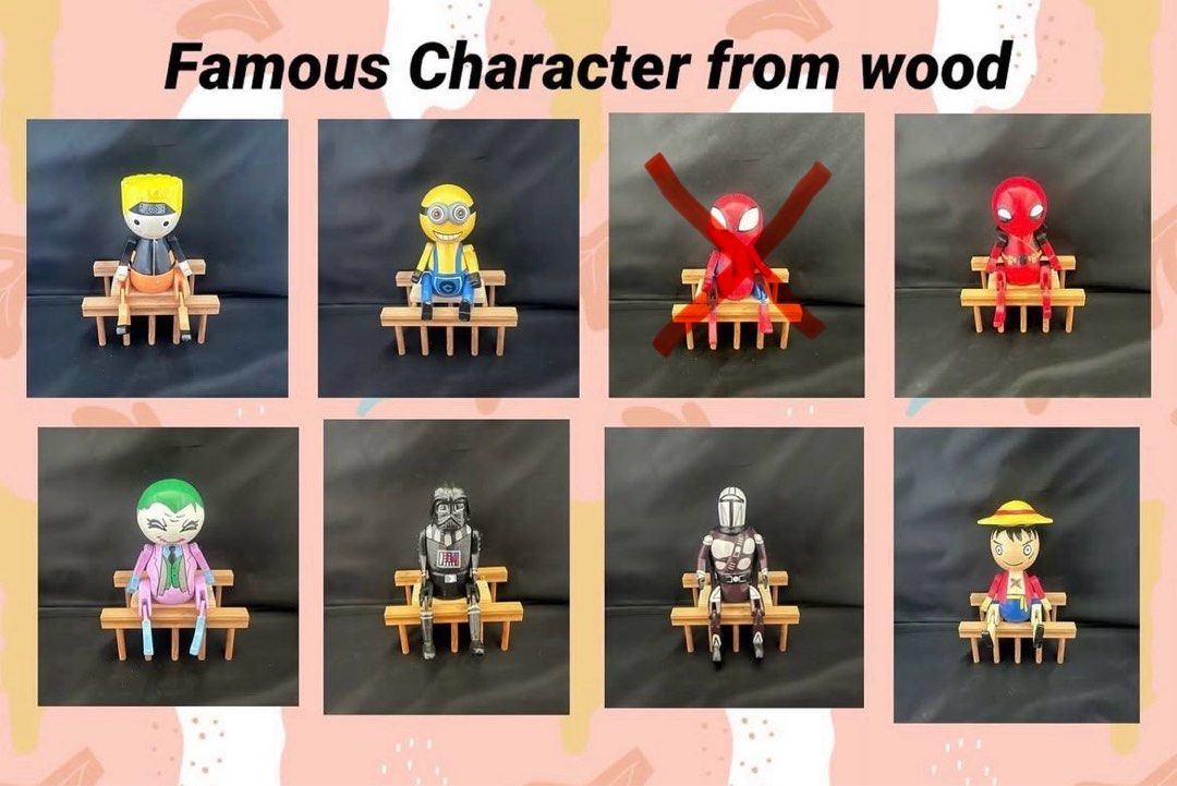 Wooden Famous Character Figurines on Bench, Hobbies & Toys, Memorabilia ...