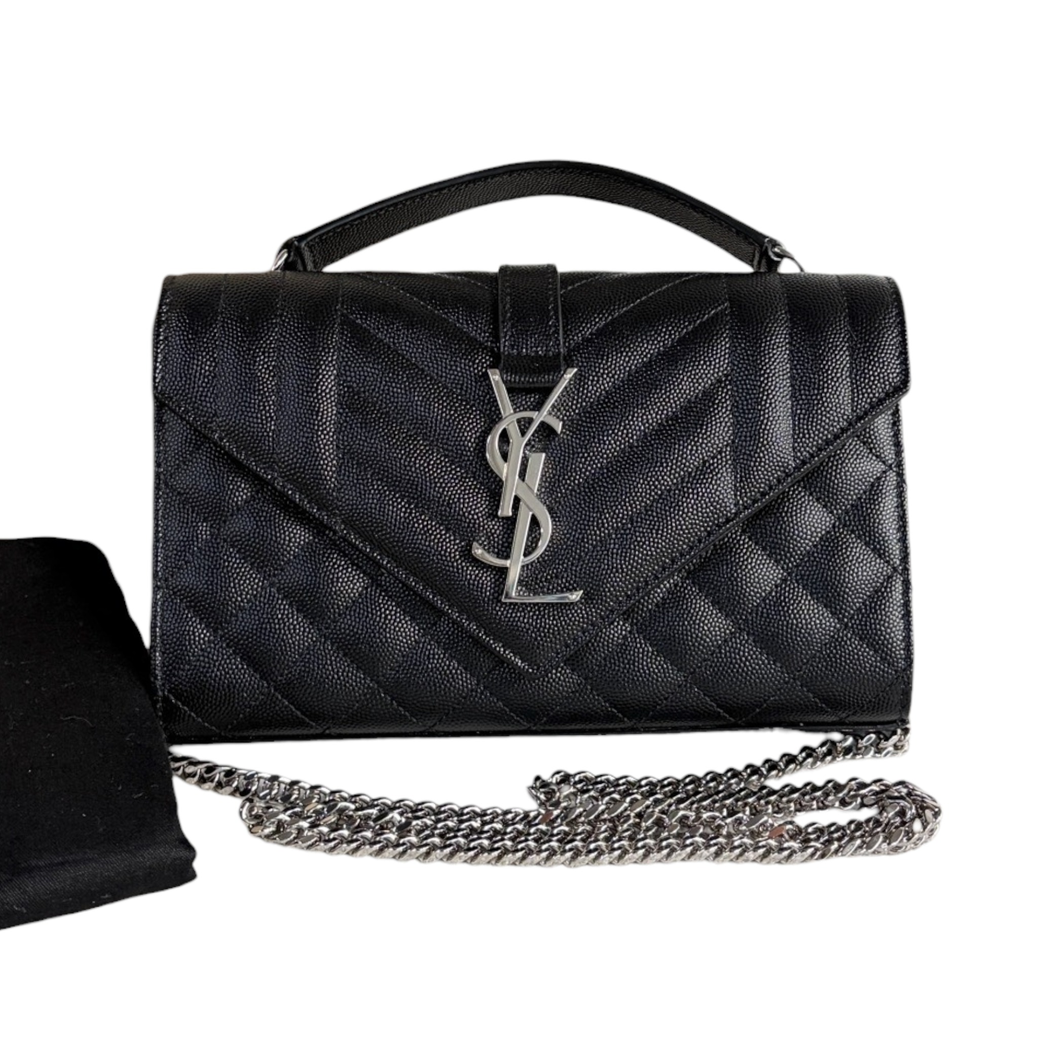 YSL Saint Laurent Small Envelope Bag in Black Grain de Poudre SHW ...