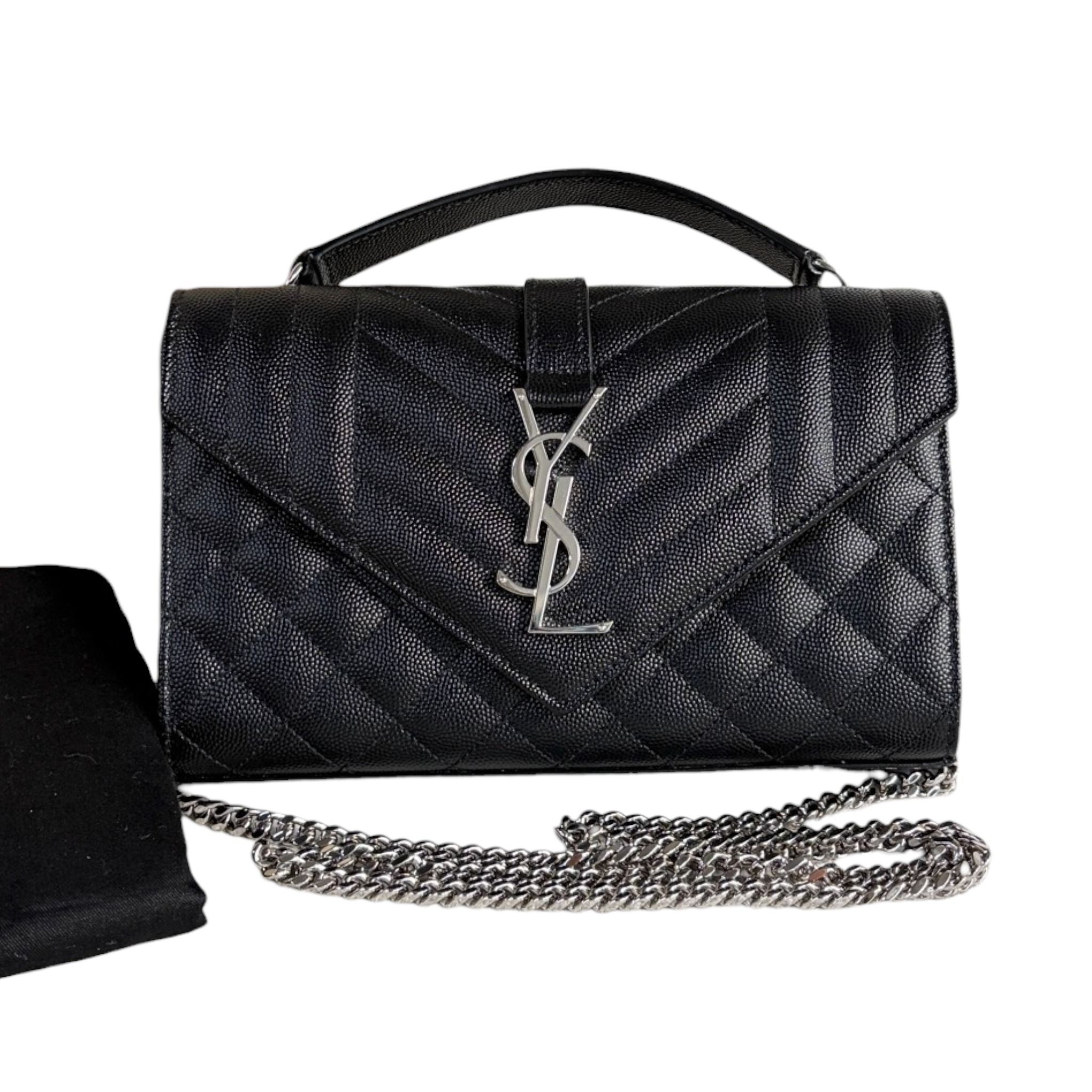 YSL Saint Laurent Small Envelope Bag in Black Grain de Poudre SHW ...