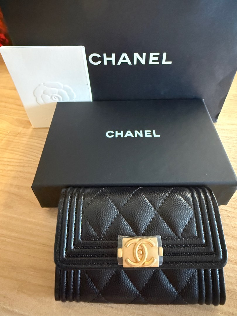 2024 Chanel Boy GHW Black Caviar Card Holder Wallet, Luxury, Bags ...