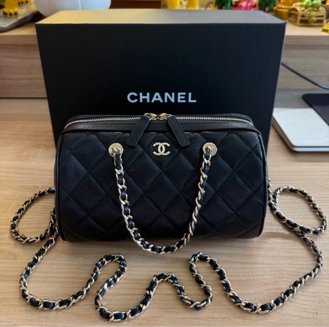 2025 Chanel 25p Bowling Keepall Clutch with Chain GHW Black Caviar Bag ...