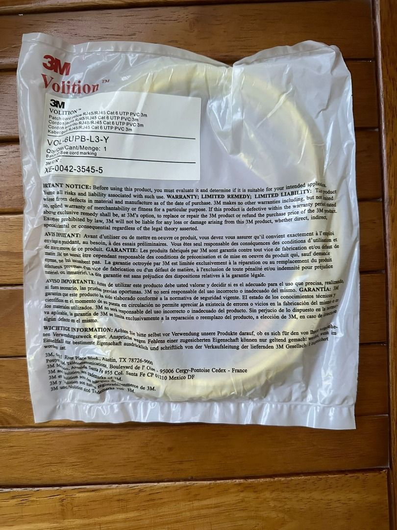 3M Cat6, Yellow RJ45 to Male RJ45 Male, UTP Unshielded, Terminated PVC ...