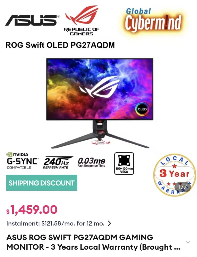 ASUS ROG Swift OLED PG27AQDM Gaming Monitor, Computers & Tech, Parts ...