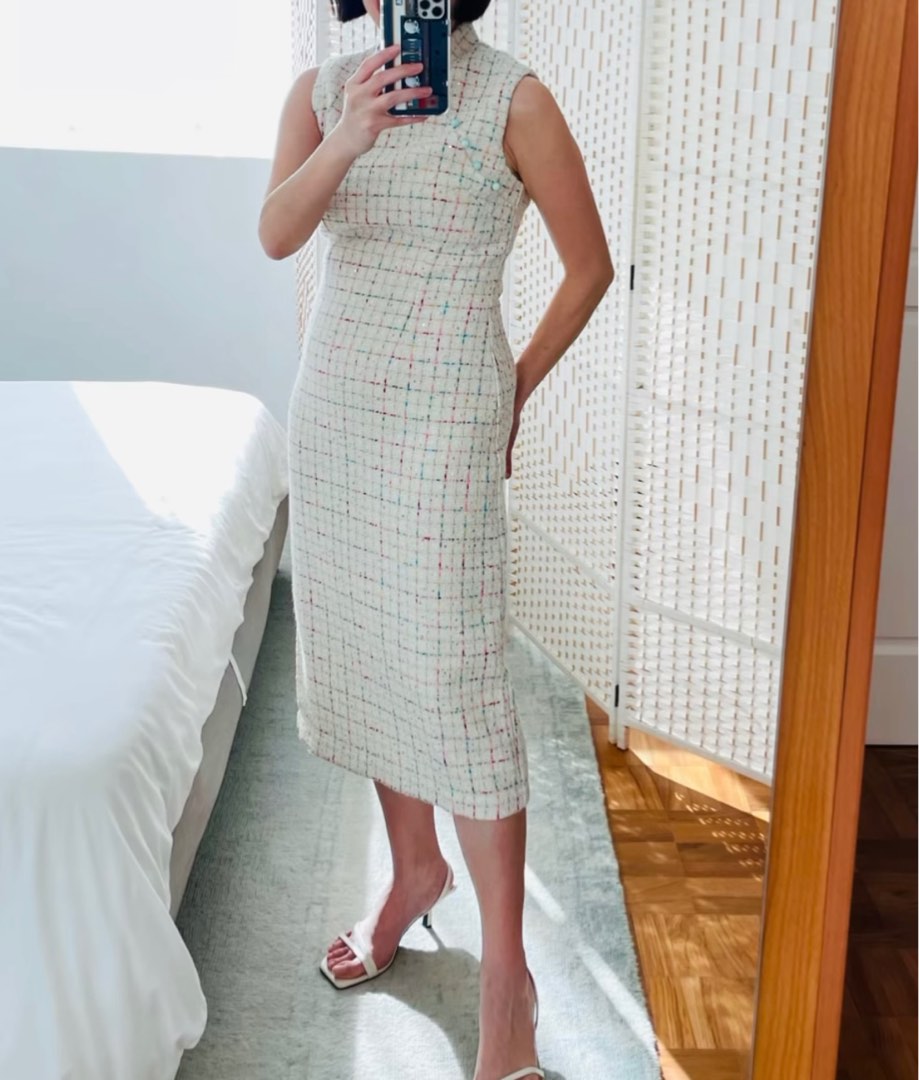 Dotted line cream tweed midi cheongsam qipao, Women's Fashion, Dresses ...