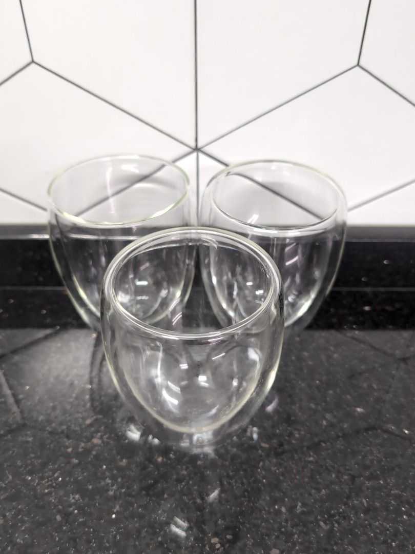 Double Walled Glass Cups 350ml *3 cups, Furniture & Home Living ...