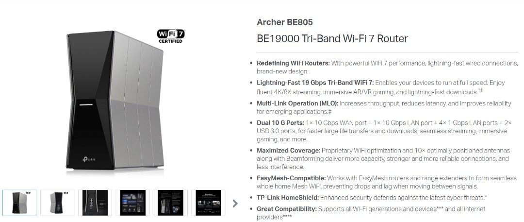 TP-Link Archer BE805 BE19000 Tri-Band Wi-Fi 7 Router, Computers & Tech ...