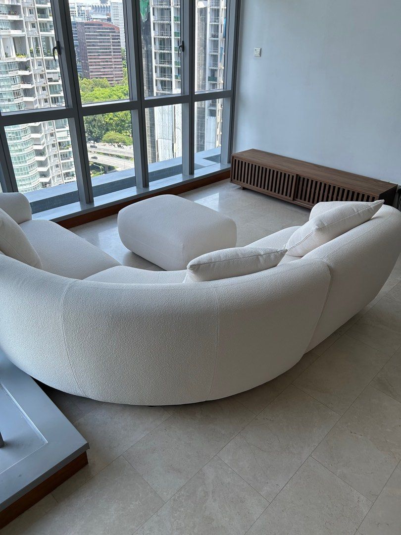 White Boucle Curved Sofa with Ottoman, Furniture & Home Living ...