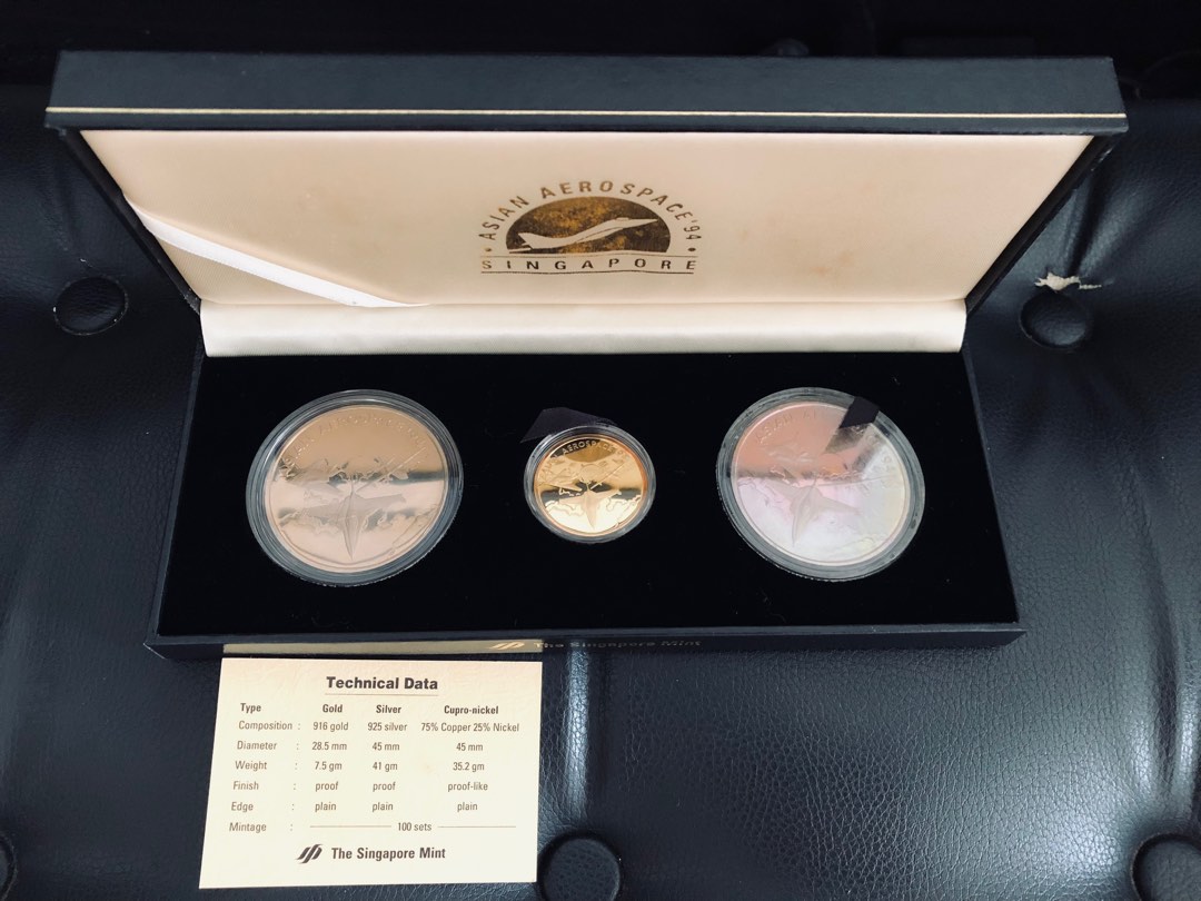 1994 Asian Aerospace Singapore Mint Coin Set Gold Silver Cupronickel 3 ...