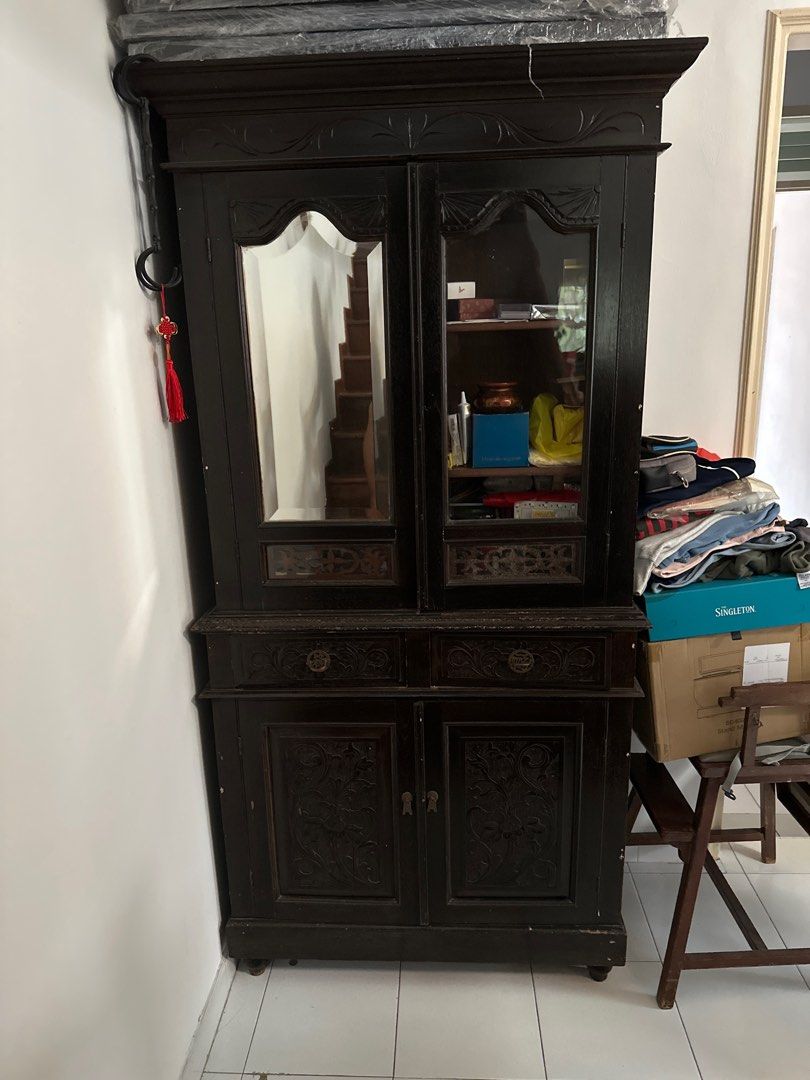 Antique Peranakan Dark Wood Cabinet with Carvings, Furniture & Home ...
