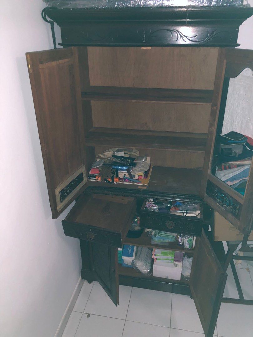 Antique Peranakan Dark Wood Cabinet with Carvings, Furniture & Home ...