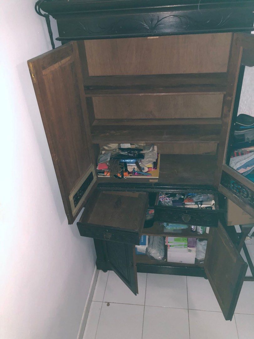 Antique Peranakan Dark Wood Cabinet with Carvings, Furniture & Home ...