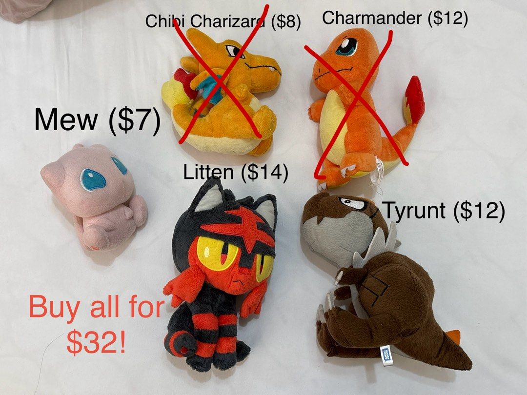 Assorted Pokemon Plushies - Mew, Litten, Charmander, Charizard, Tyrunt ...