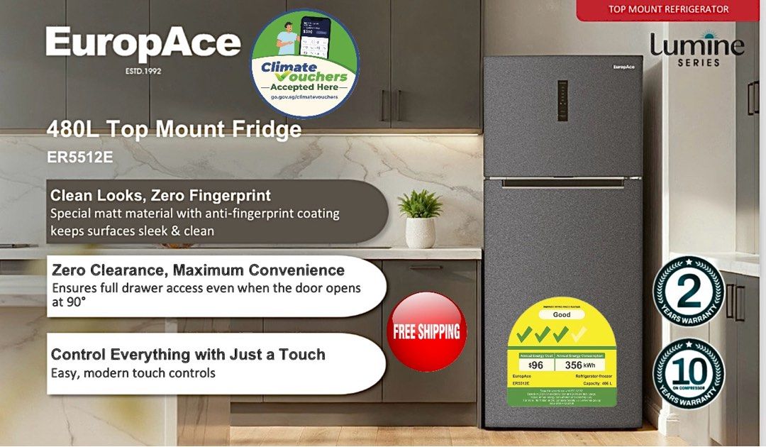 Brand New EuropAce LUMINE SERIES 480L Top Mount 2 Door Fridge ER5512E ...