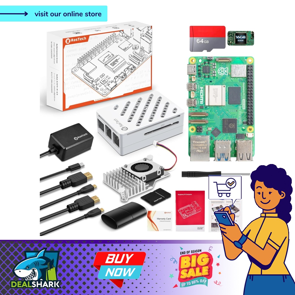 RasTech Raspberry Pi 5 16GB Kit 64GB Edition with Active Cooler,GaN 27W ...