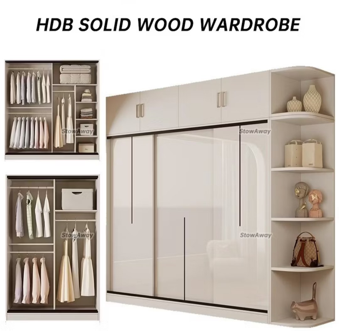 HDB Solid Wood Wardrobe - Sliding Door Design, Furniture & Home Living ...