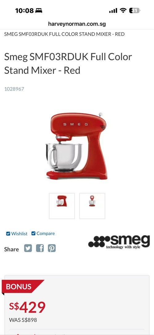 Smeg SMF03RDUK Full Color Stand Mixer - Red, TV & Home Appliances ...