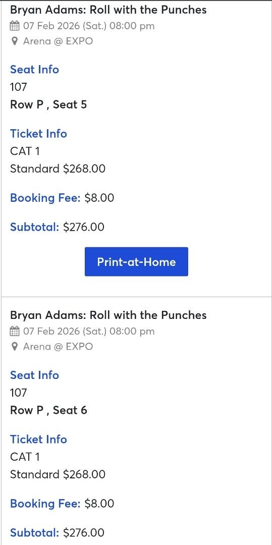 x2 Bryan Adams: Roll With The Punches - Cat 1 Tickets, Tickets ...