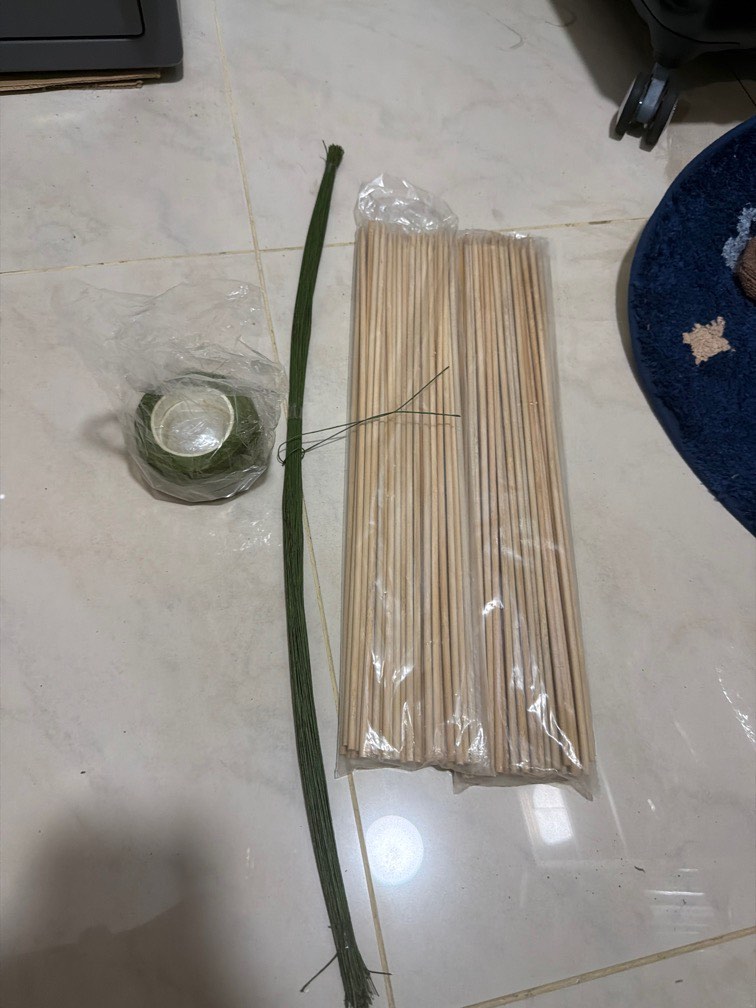 Dowels, green plant wrap and green wire for bouquets making, Hobbies ...